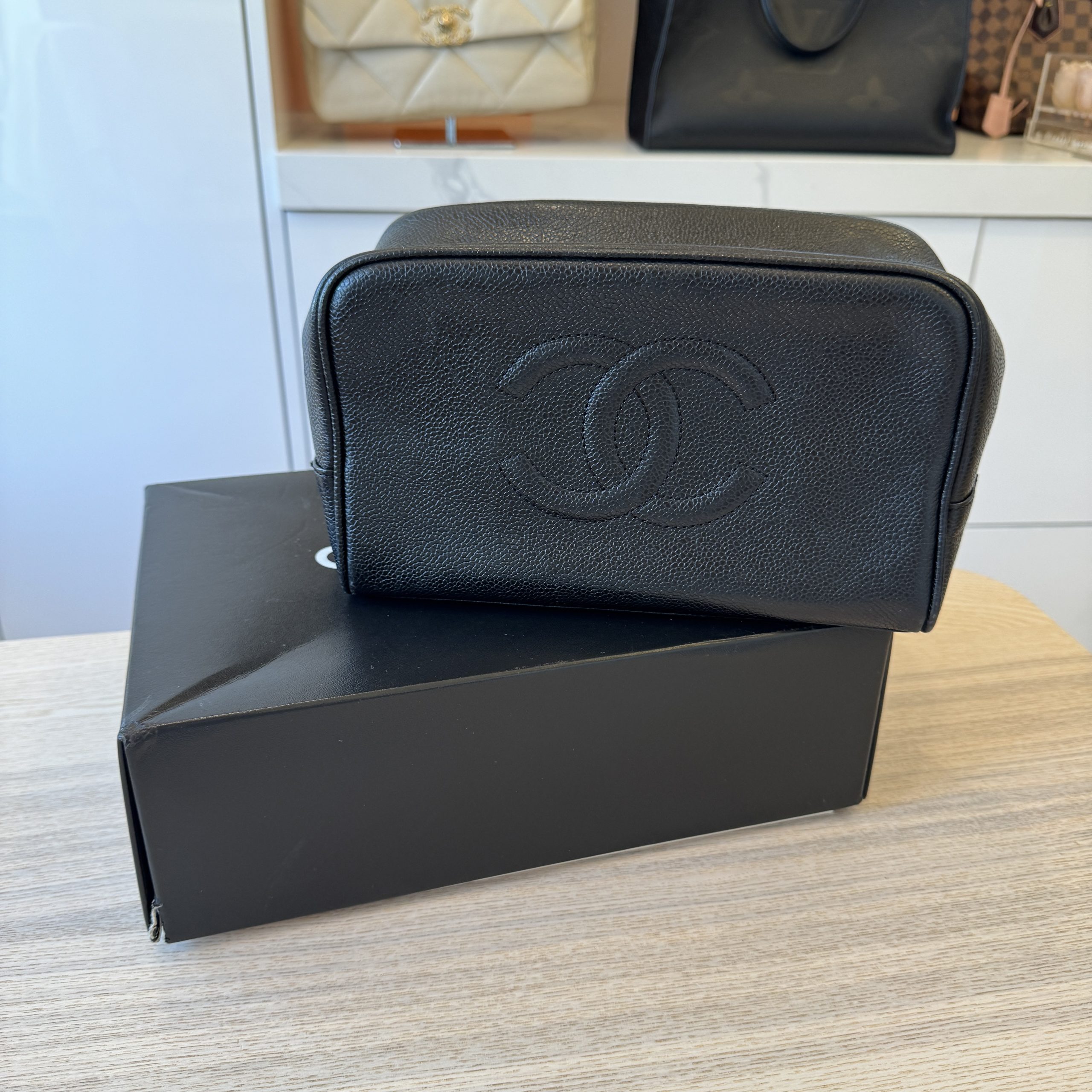 Chanel Black Caviar Dopp Toiletry Case Vanity Pouch
