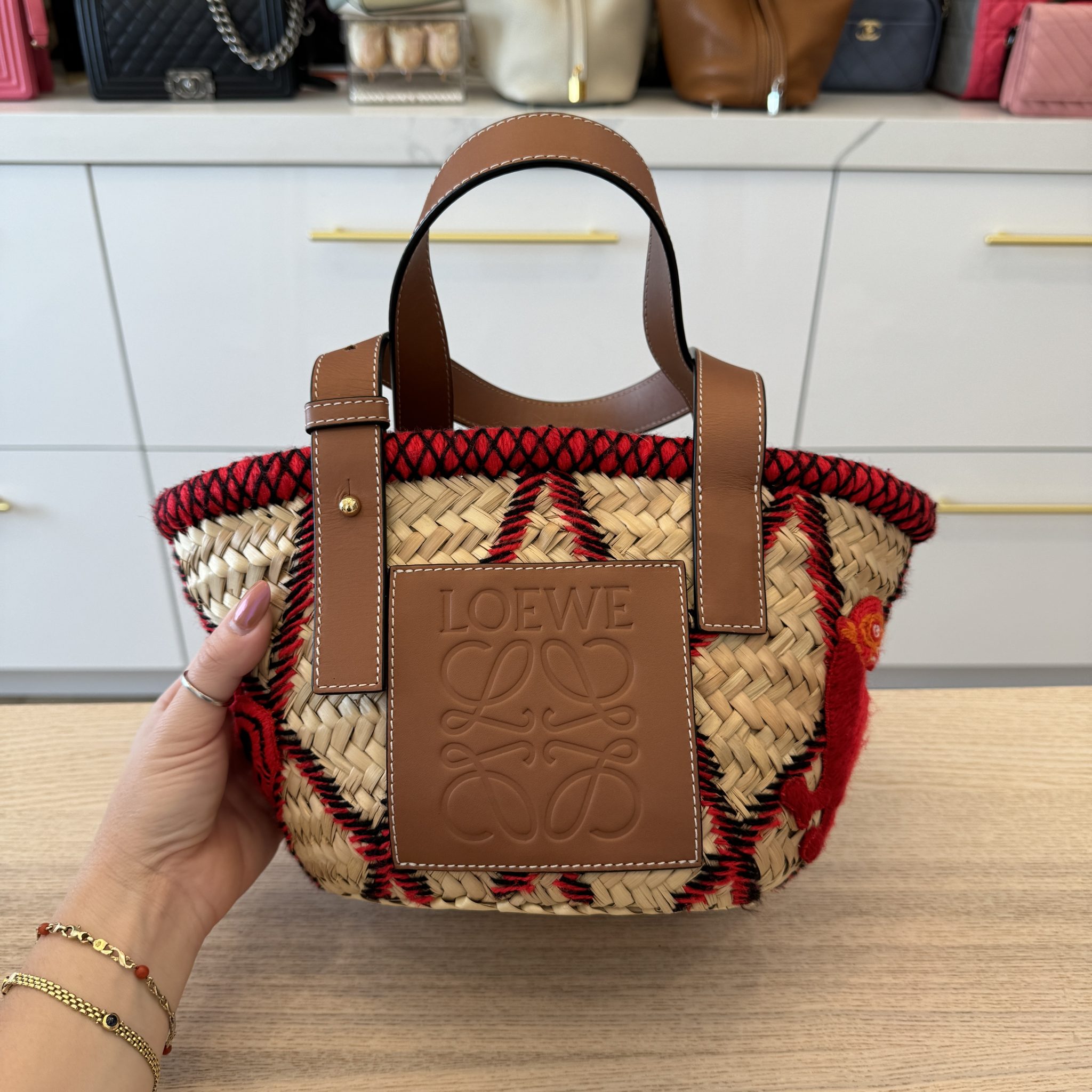 Loewe Limited Edition Animals Basket Small Straw Tote Bag Red